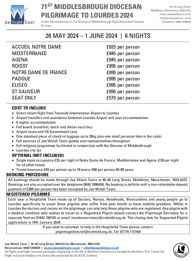 Fillable Online Middlesbrough Diocesan Pilgrimage to Lourdes 2024 - Join Us Fax Email Print ...