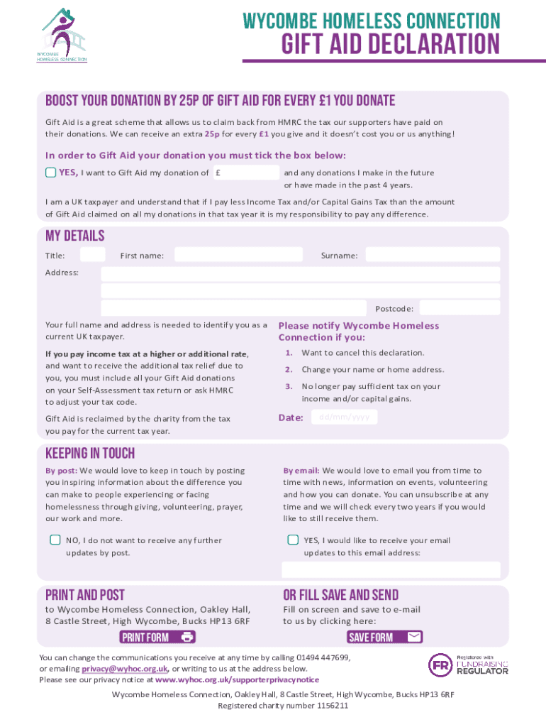 Fillable Online Gift Aid Declaration - Boost Your Donation for Wycombe ...