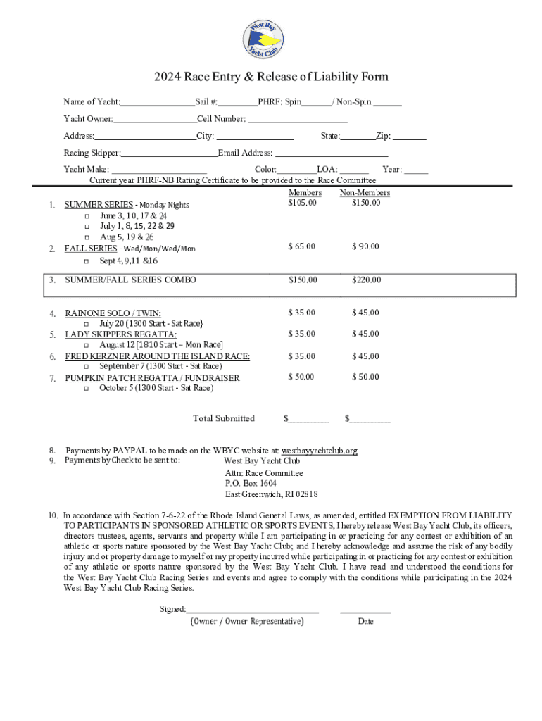 Fillable Online 2024 West Bay Yacht Club Race Entry & Liability Release ...