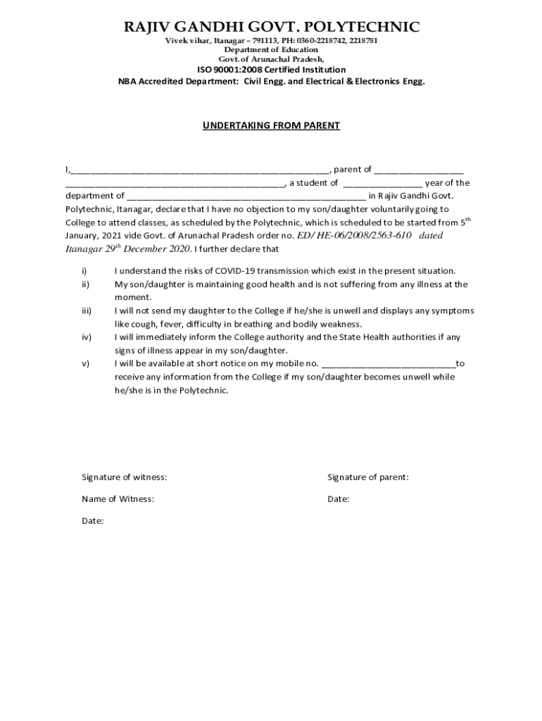 Fillable Online Parental Undertaking for College Attendance Amid Covid ...