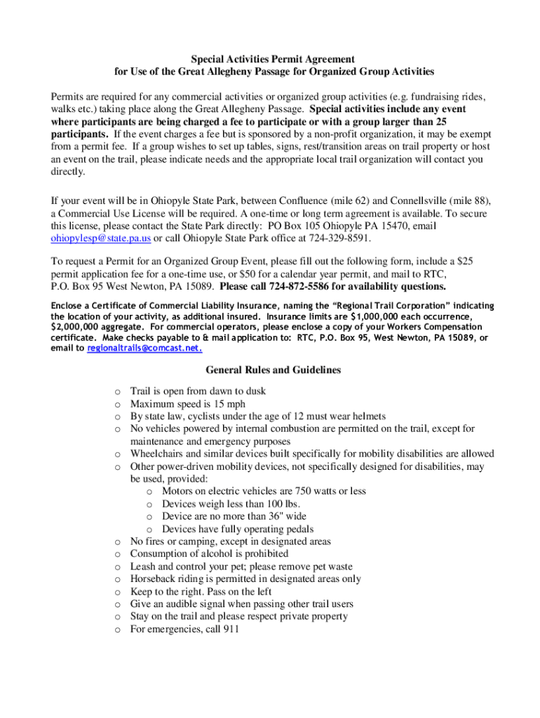 Fillable Online Special Activities Permit Agreement for Organized Group ...