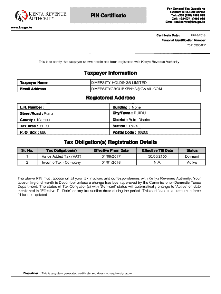 Fillable Online Pin Certificate for Diversity Holdings Limited - Kenya ...