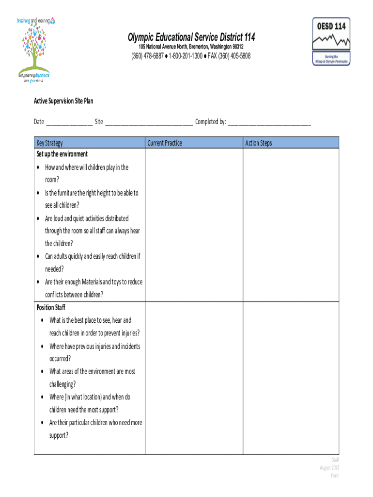 Fillable Online Active Supervision Site Plan 2018 for Children's Safety ...