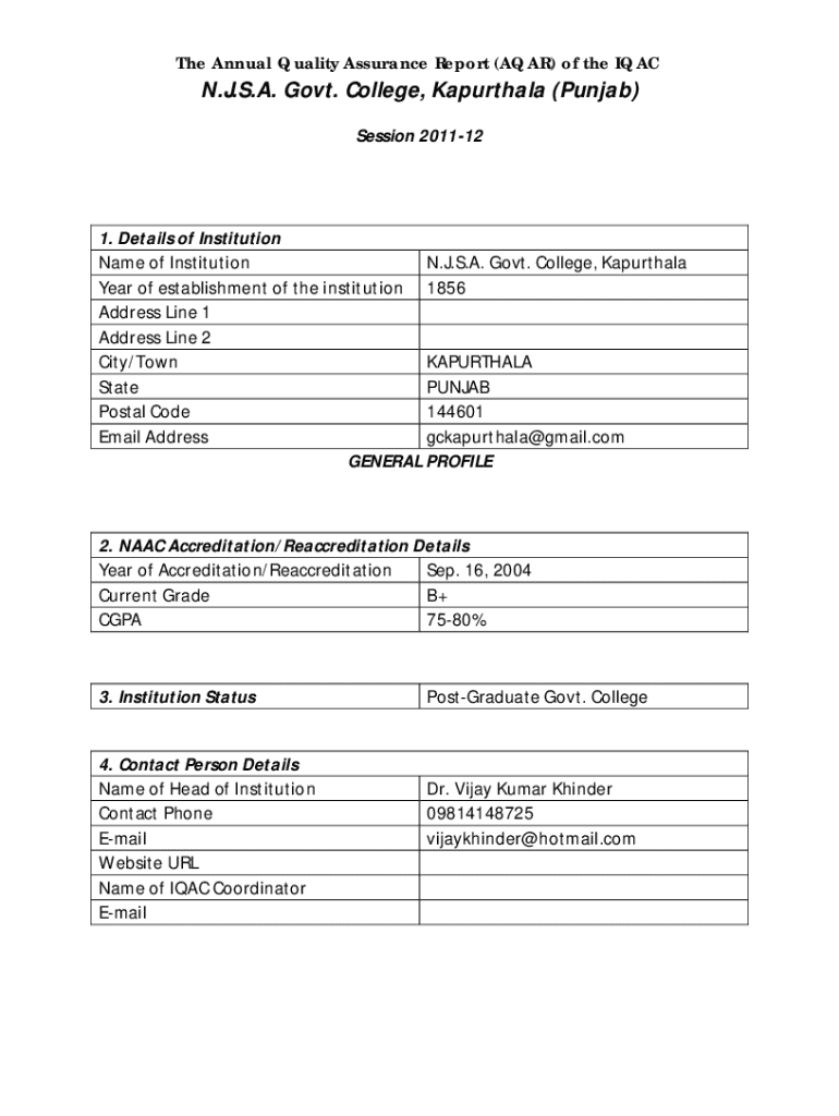 Fillable Online Annual Quality Assurance Report 2011-12 N.j.s.a. Govt ...
