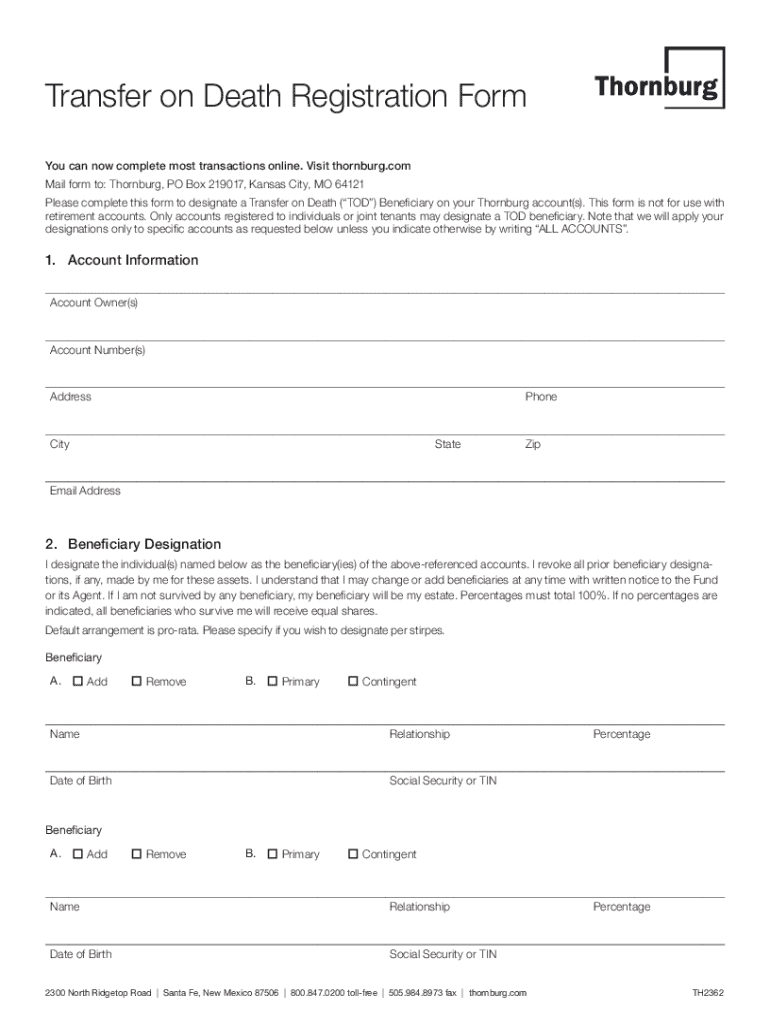 Fillable Online Transfer on Death Registration Form - Beneficiary ...