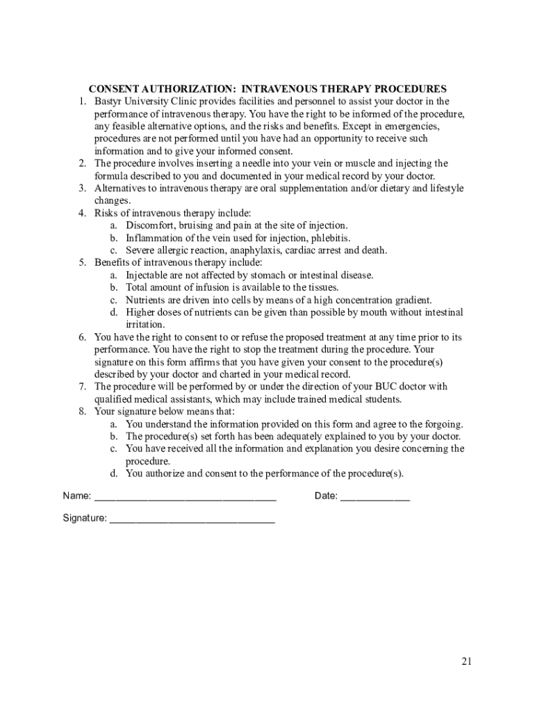 Fillable Online consent authorization: intravenous therapy procedures Fax Email Print - pdfFiller