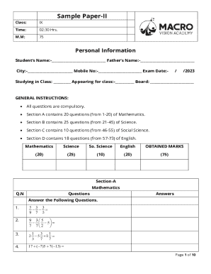 Fillable Online Ix Class Sample Paper 2023 - Mathematics, Science, Social Science, English Fax ...