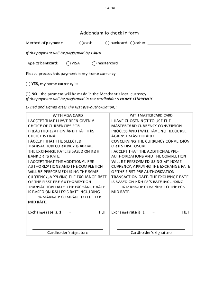 Fillable Online Addendum to check-in form Method of payment Fax Email ...