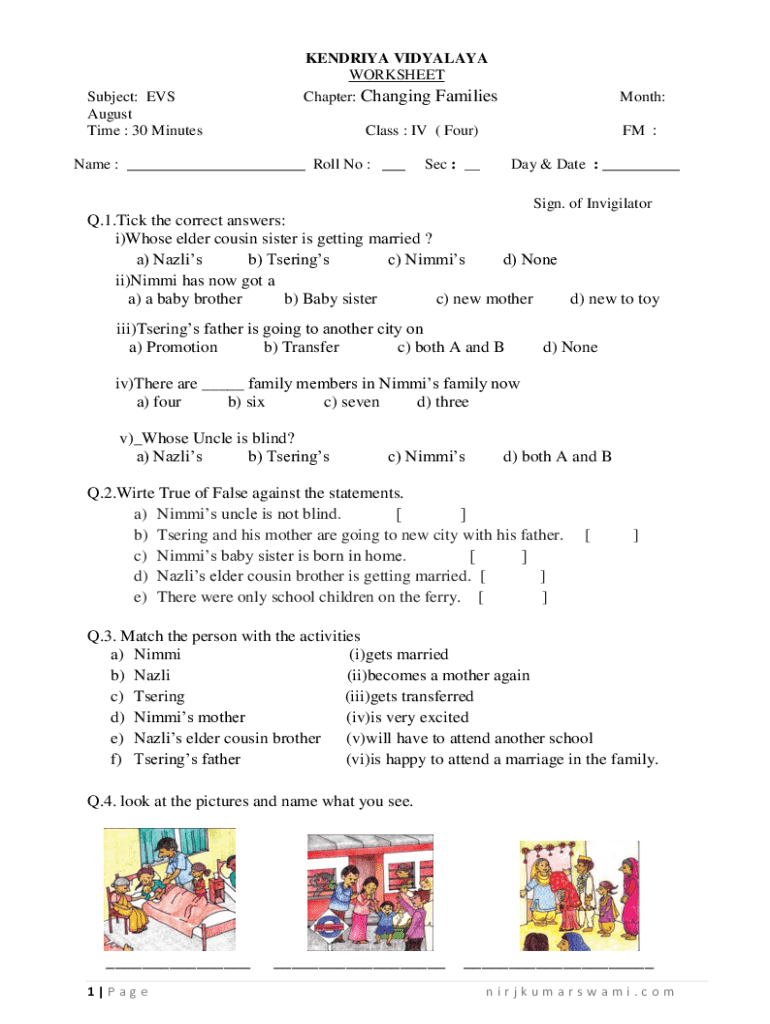 Fillable Online Changing Families Worksheet for Class Iv - 2023 Fax ...
