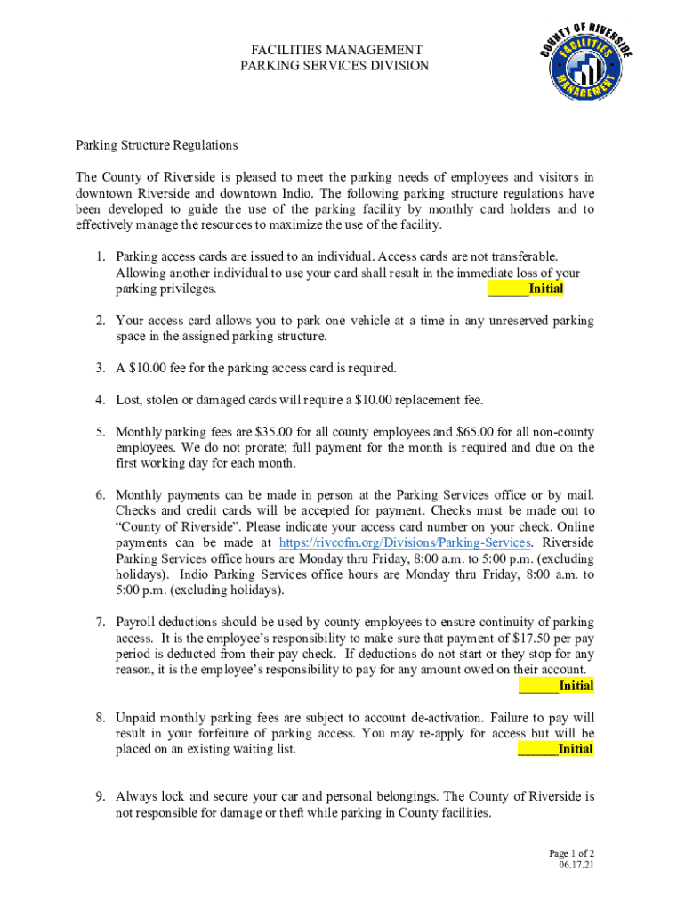 Fillable Online Parking Structure Regulations 2021 - Riverside County ...