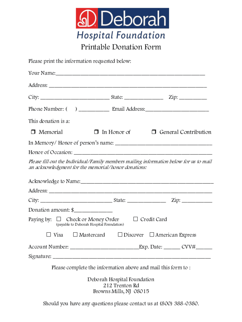 Fillable Online Printable Donation Form - Deborah Admin Fax Email Print ...