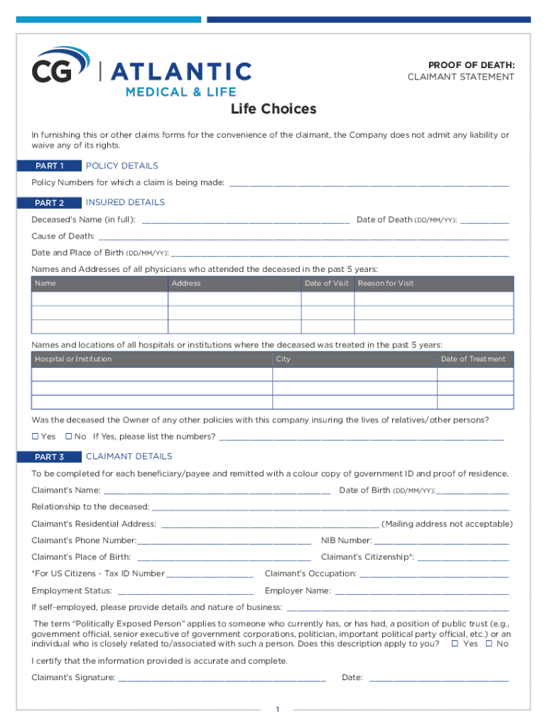 Fillable Online Proof of Death Claimant Statement 2023 - Life Choices ...