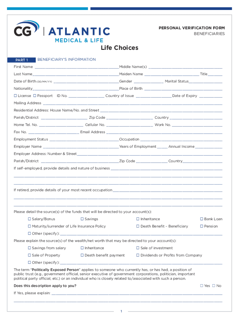 Fillable Online Personal Verification Form for Beneficiaries - Life ...