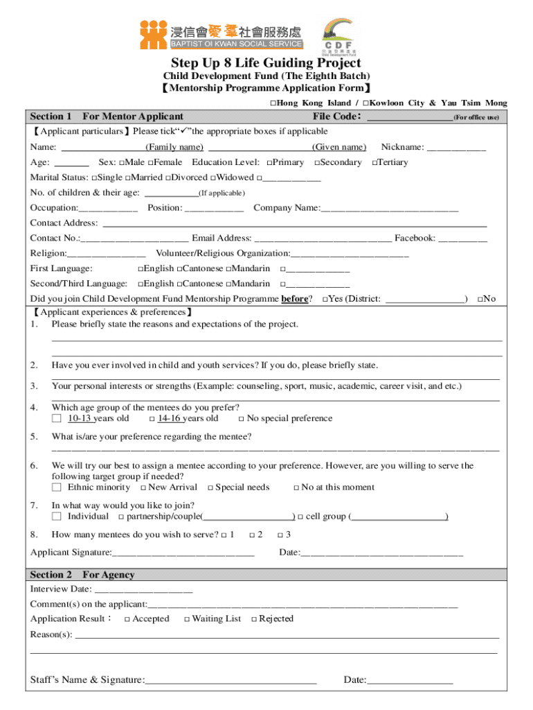 Fillable Online Step up 8 Life Guiding Project Mentorship Programme Application 2023 Fax Email ...