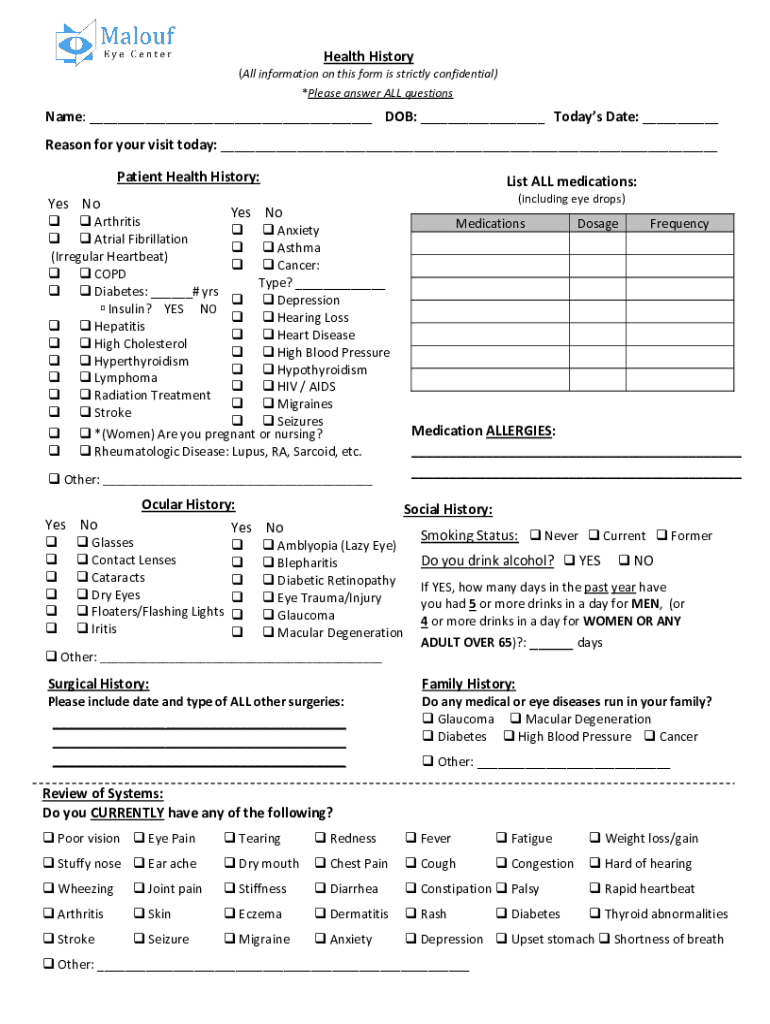 Fillable Online Comprehensive Health History Form for Patients 2023 Fax ...