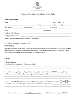 Fillable Online Volunteer Information & Health History Packet for ...