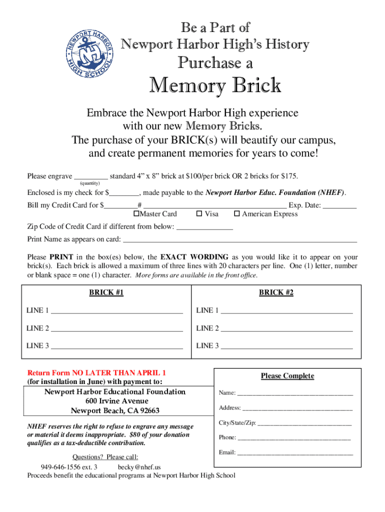 Fillable Online Newport Harbor High Memory Brick Purchase 2023 Fax ...