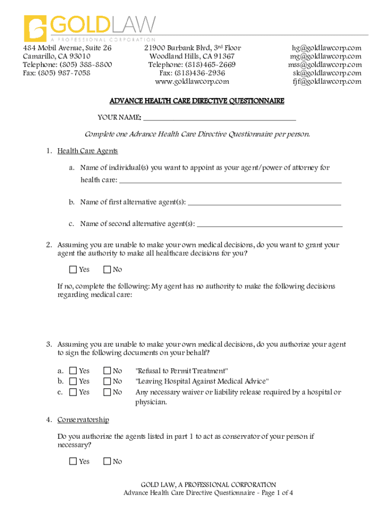 Fillable Online Advance Health Care Directive Questionnaire 2023 - Make ...
