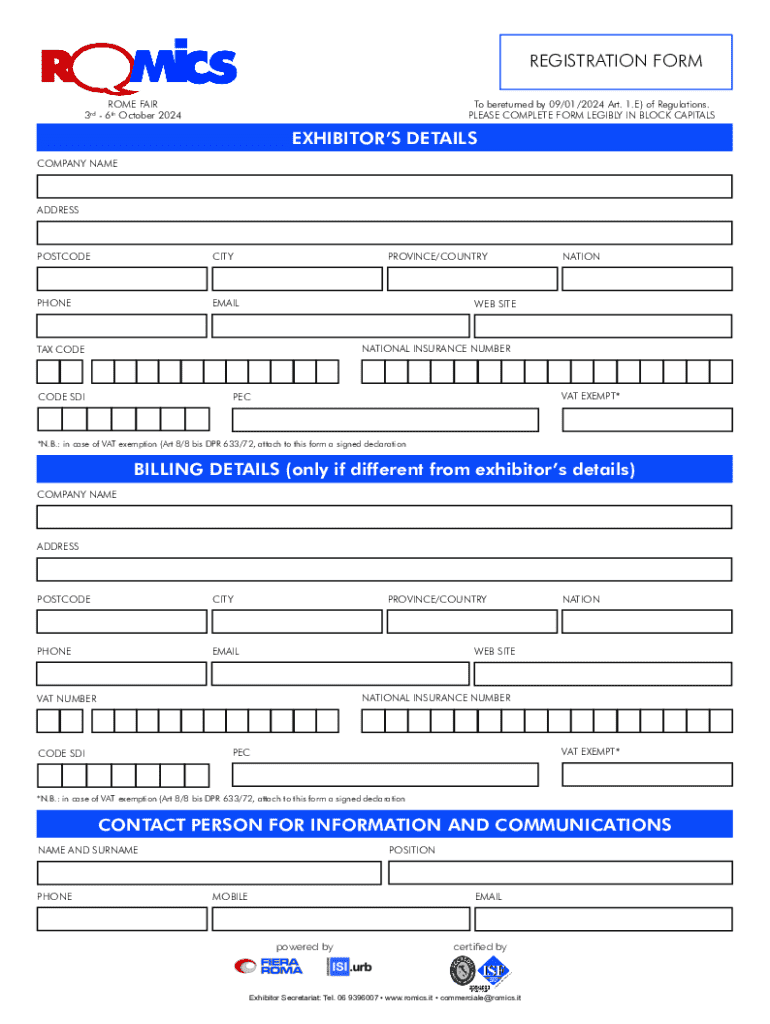 Fillable Online Registration Form for Rome Fair 2024 - 3rd to 6th October Fax Email Print ...