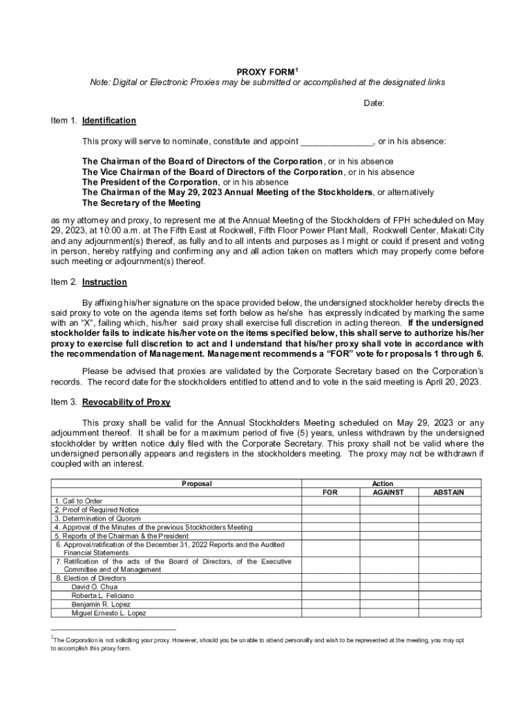 Fillable Online Proxy Form for Fph Annual Stockholders Meeting 2023 Fax Email Print - pdfFiller