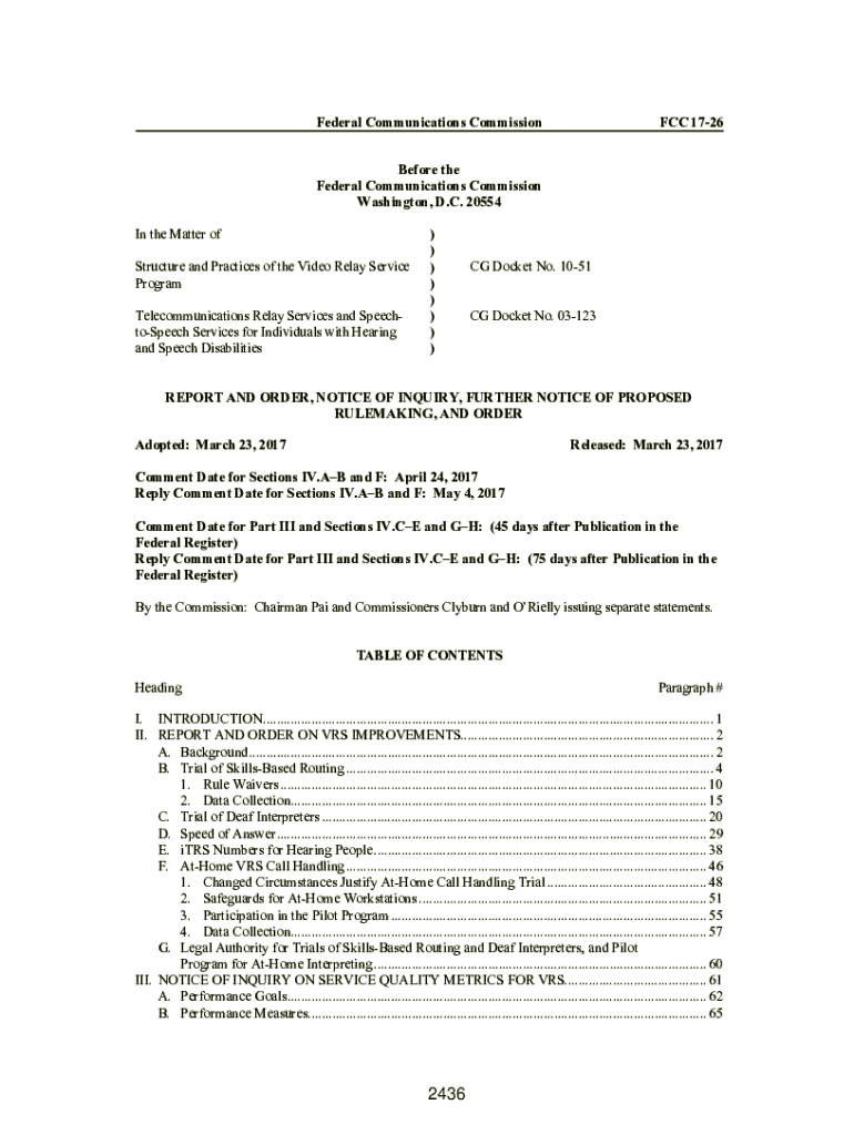 Fillable Online Fcc 17-26: Report on Video Relay Service Improvements and Deaf Interpreter ...