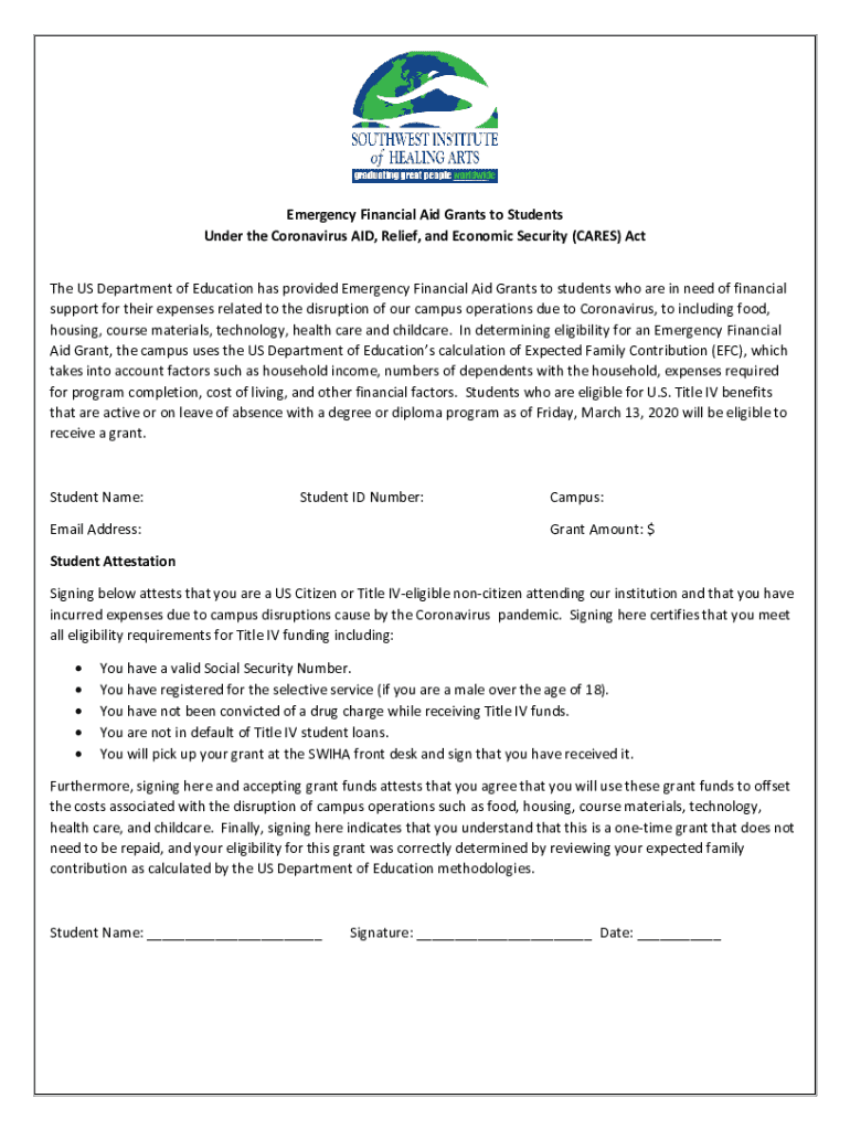 Fillable Online Emergency Financial Aid Grants for Students - Cares Act ...