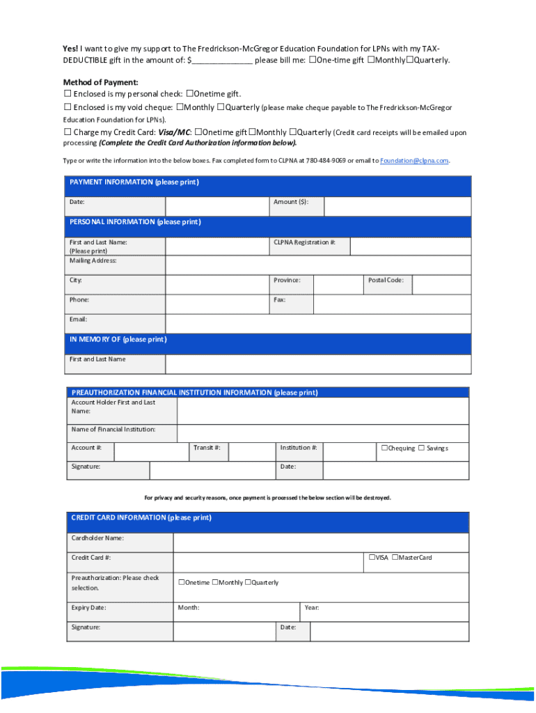 Fillable Online DONATION/PRE-AUTHORIZATION FORM Fax Email Print - pdfFiller