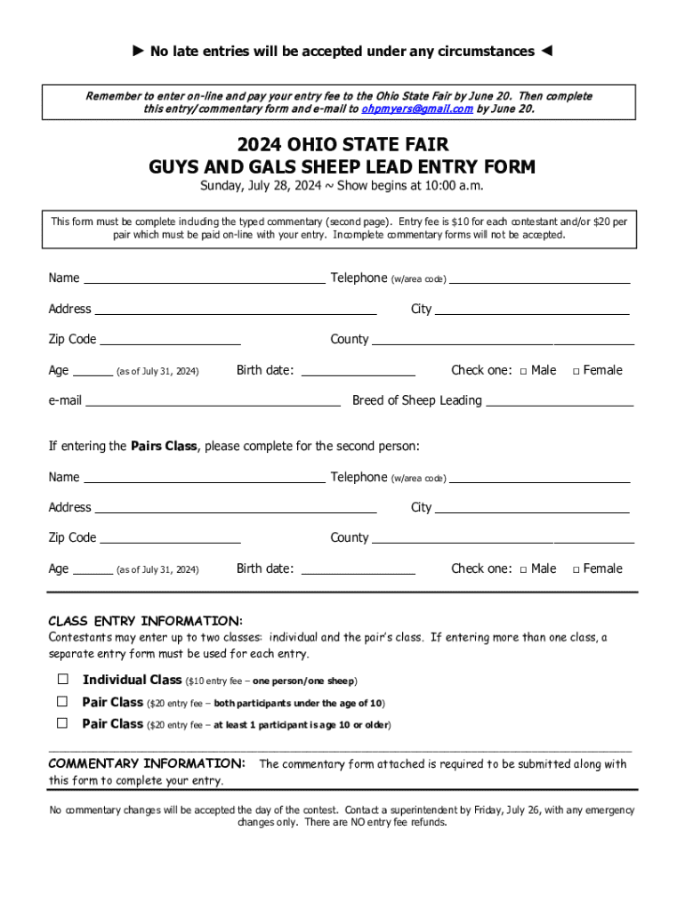Fillable Online 2024 ohio state fair guys and gals sheep lead entry ...