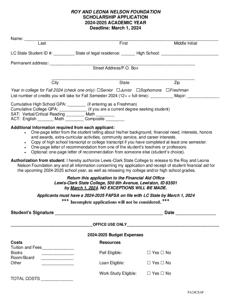Fillable Online Roy and Leona Nelson Foundation Scholarship Application 2024-2025 Fax Email ...