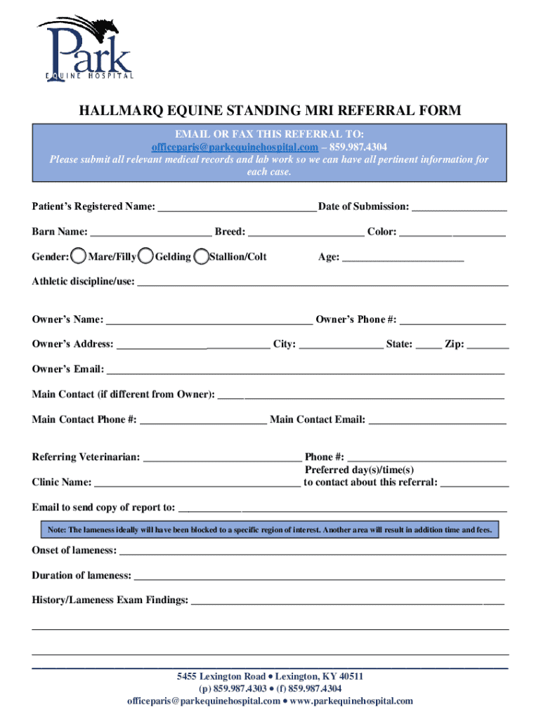 Fillable Online Hallmarq Equine Standing Mri Referral Form - 2023 Fax Email Print - pdfFiller