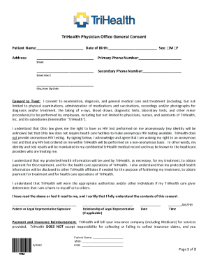 Fillable Online Trihealth Physician Office General Consent Form 2022 ...