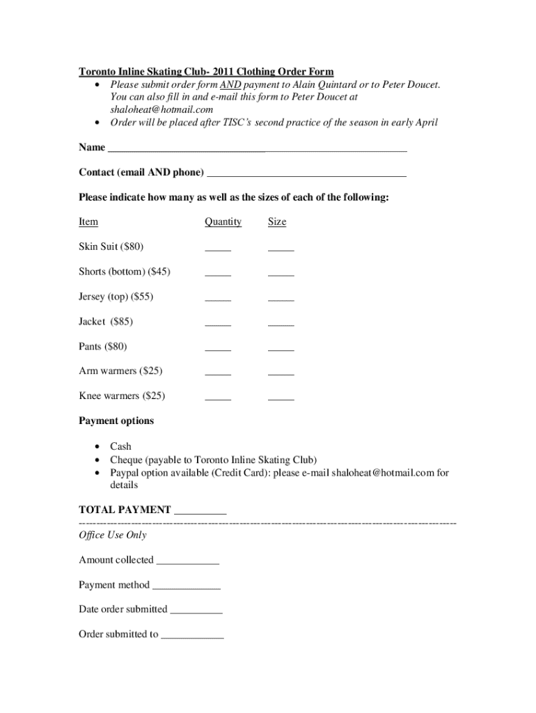Fillable Online Toronto Inline Skating Club 2011 Clothing Order Form ...