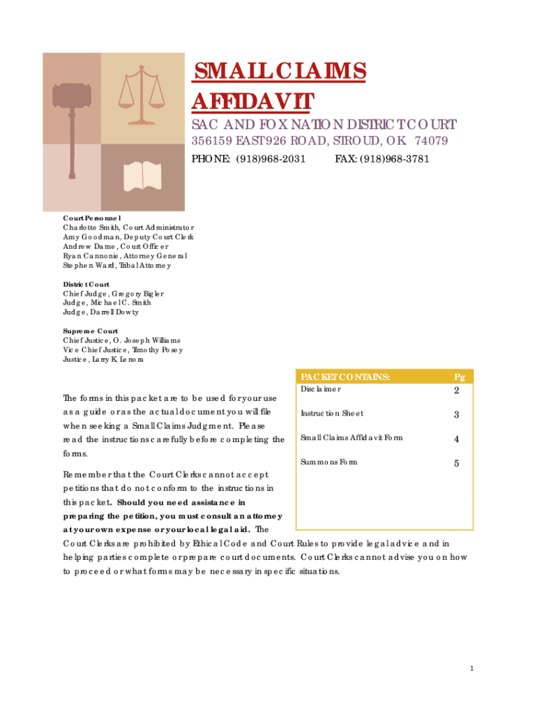 Fillable Online Small Claims Affidavit - Sac and Fox Nation Court 2023 ...