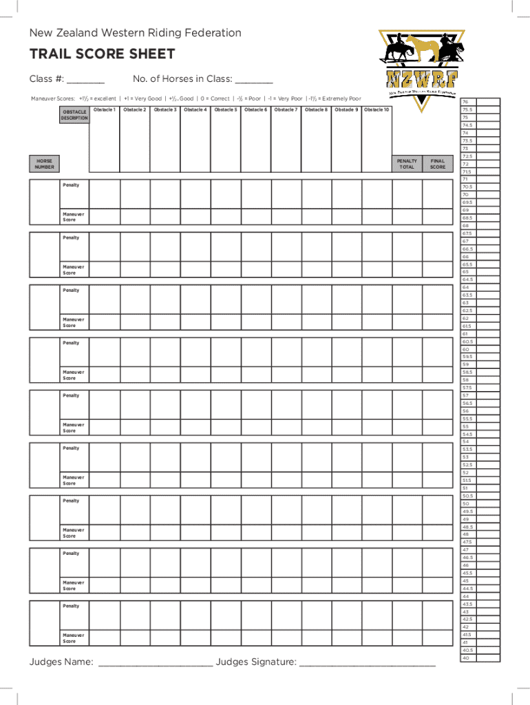 Fillable Online New Zealand Western Riding Federation Trail Score Sheet ...