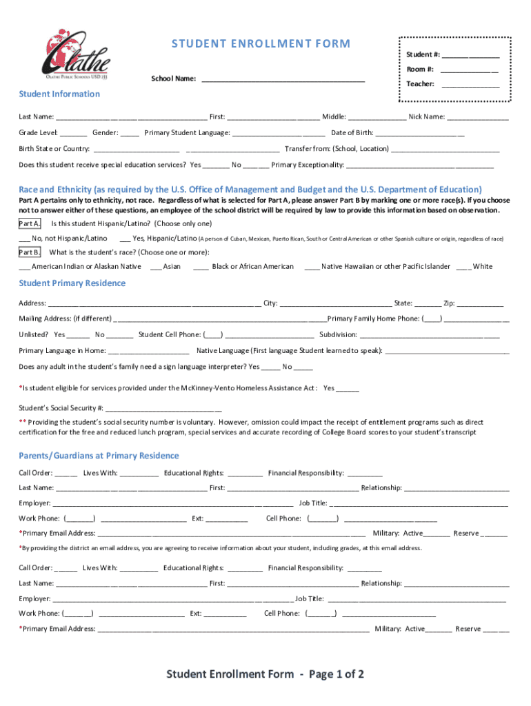 Fillable Online 2023 Student Enrollment Form for School Registration Fax Email Print - pdfFiller