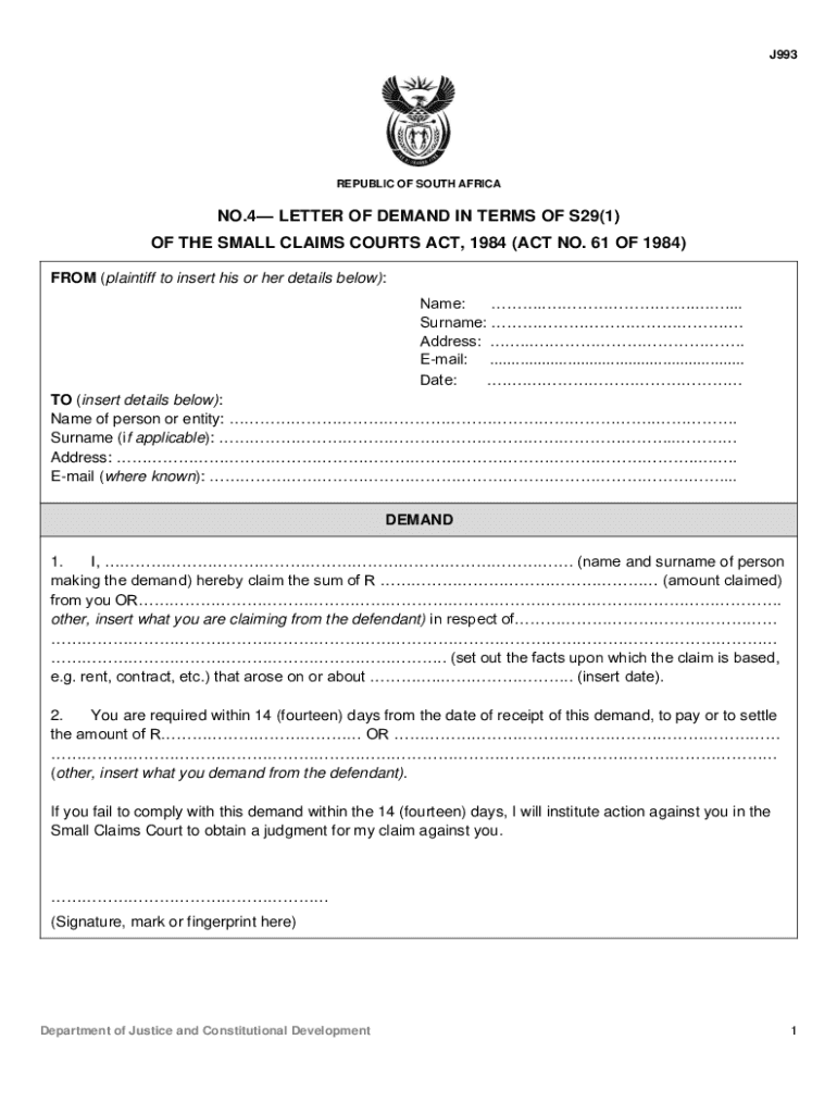 LETTER OF DEMAND IN TERMS OF S29(1) OF THE SMALL: Fill out & sign online | DocHub