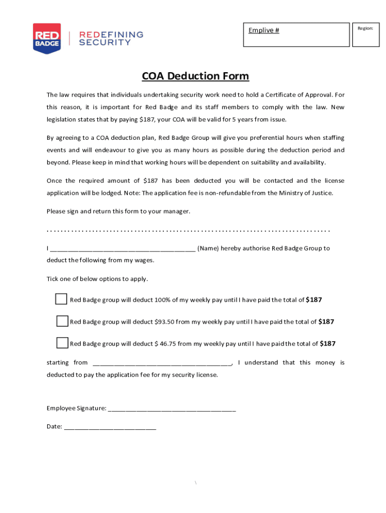 Fillable Online Coa Deduction Form 2023 - Red Badge Group Security ...