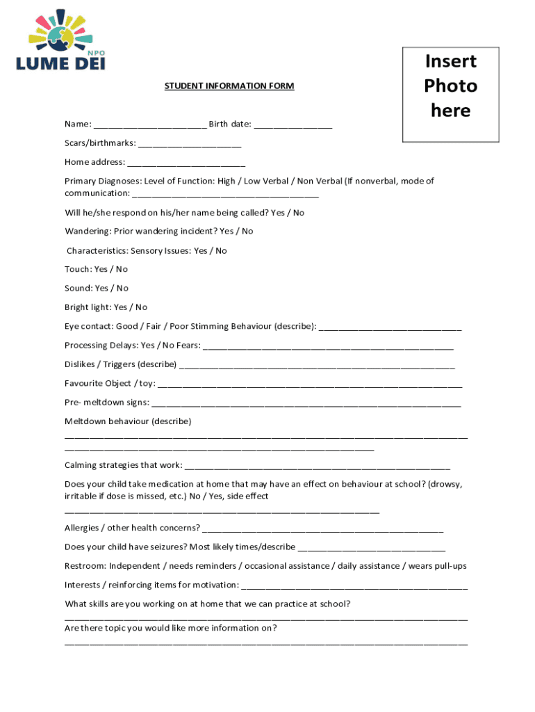 Fillable Online Student Information Form 2023: Essential Details for Educators Fax Email Print ...