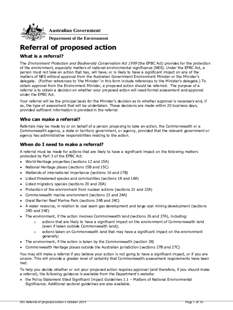 Fillable Online Referral of Proposed Action Under Epbc Act 2014 for ...