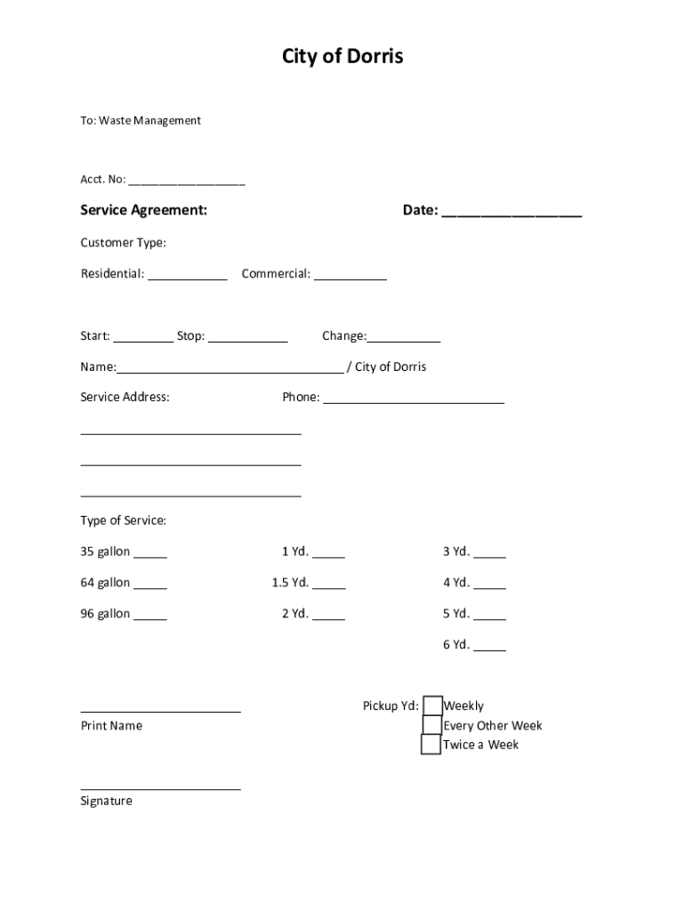 Fillable Online Waste Management Service Agreement Form - City of ...