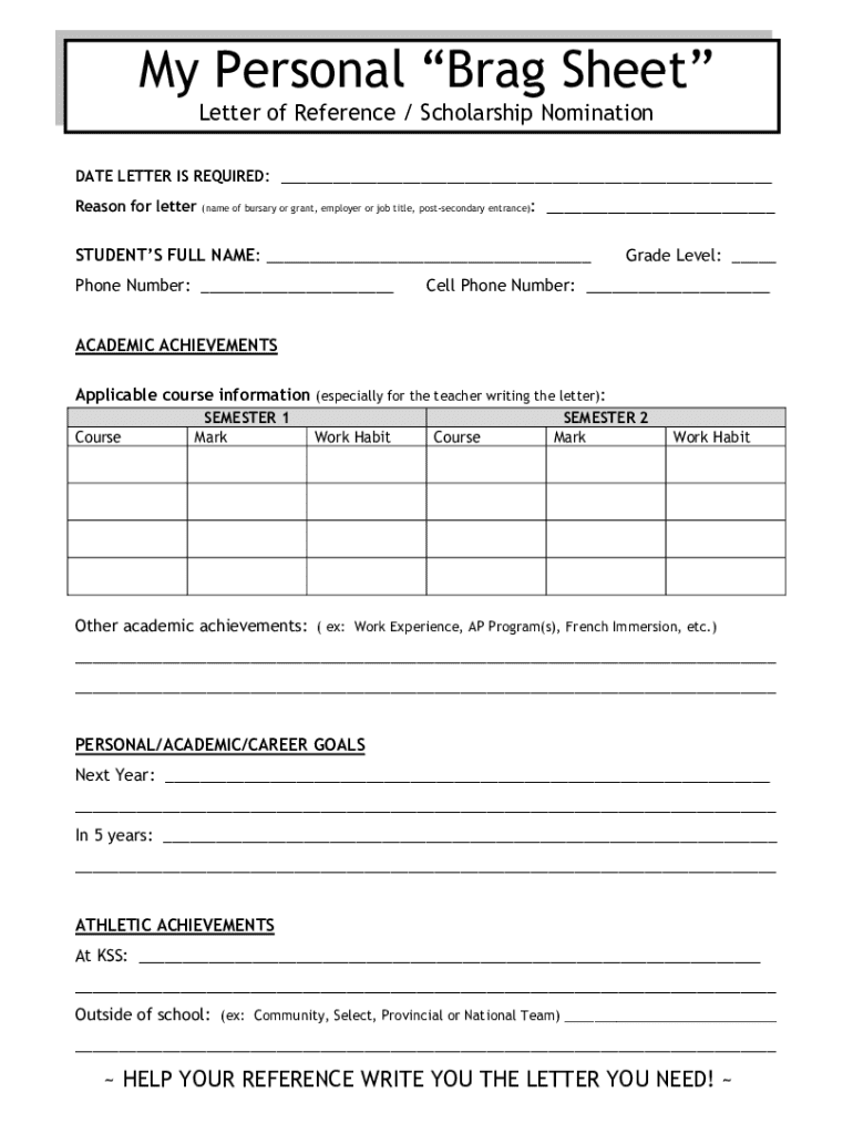 Fillable Online My Personal Brag Sheet for Reference and Scholarship ...