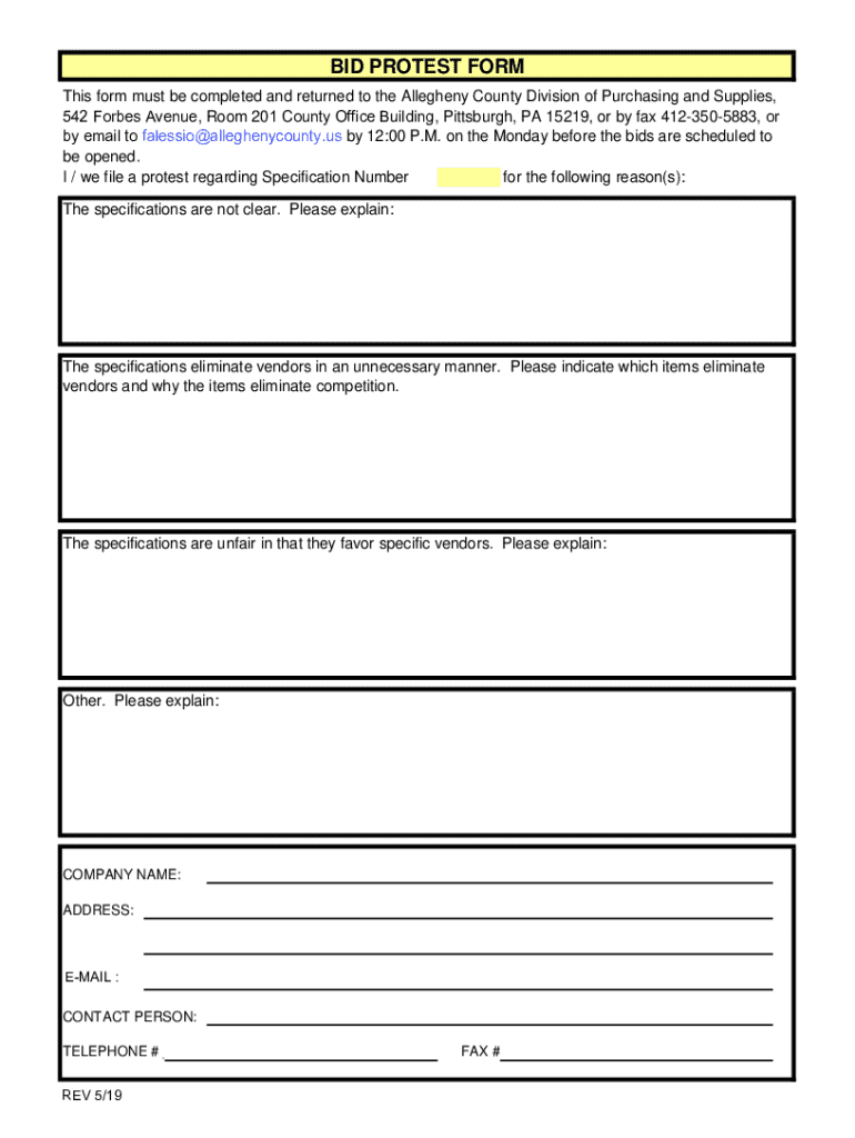 Fillable Online Bid Protest Form 2023 - Allegheny County Purchasing ...