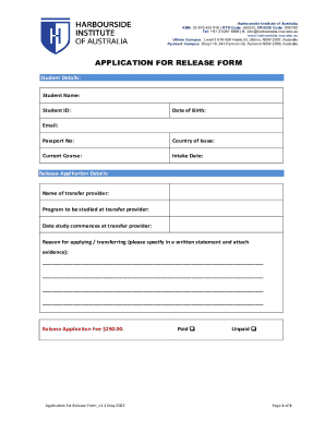 Fillable Online Application for Release Form - Harbourside Institute ...