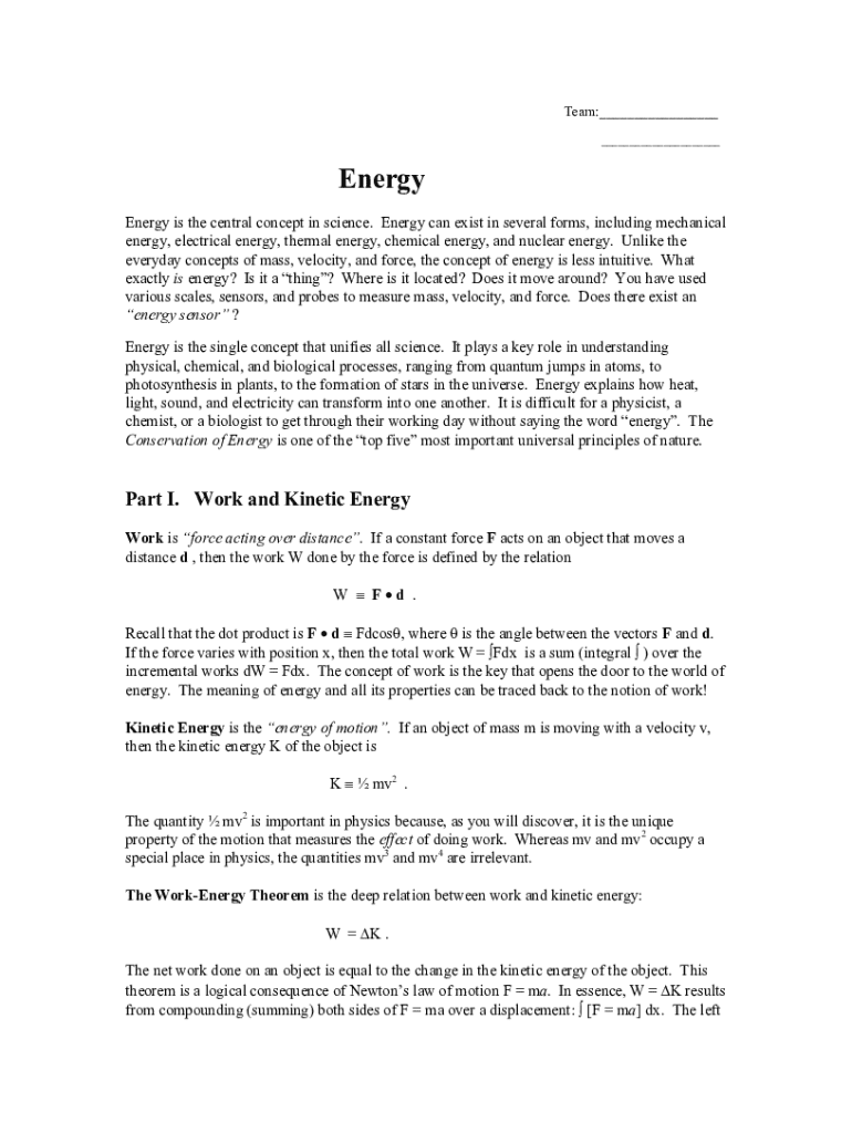 Fillable Online Energy - Team: Energy Energy is the central concept in... Fax Email Print ...