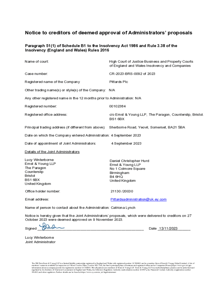 Fillable Online Deemed Approval Notice of Administrators' Proposals for Pittards Plc 2023 Fax ...