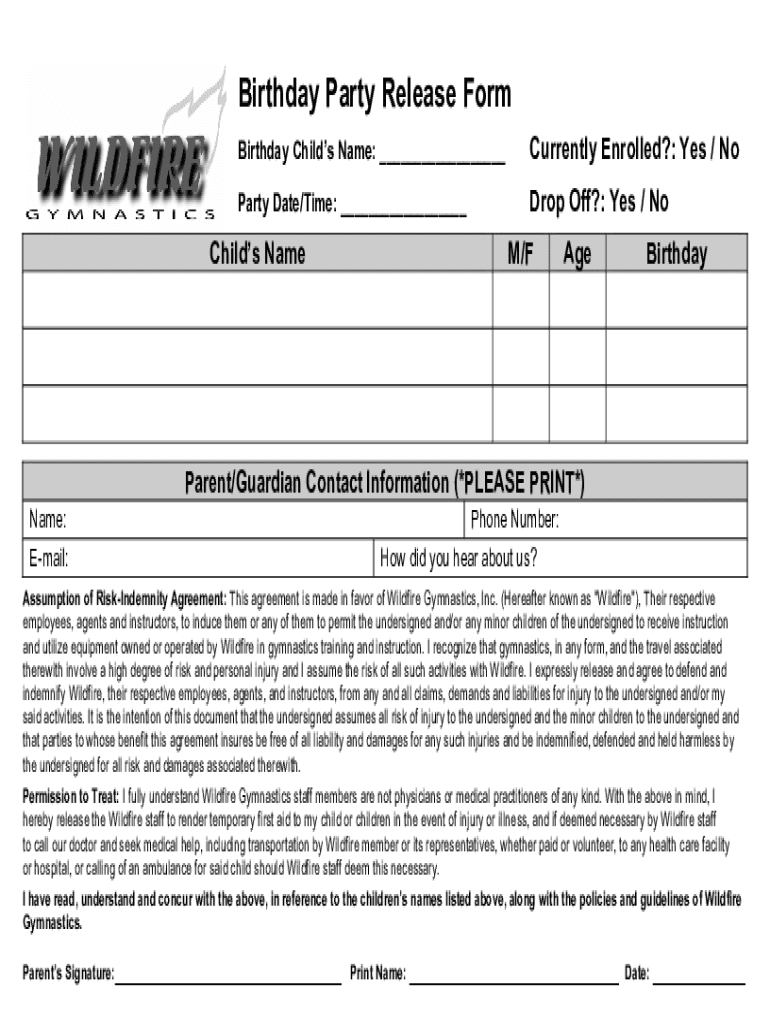 Fillable Online Release Form Birthday Parties Single.docx Fax Email ...