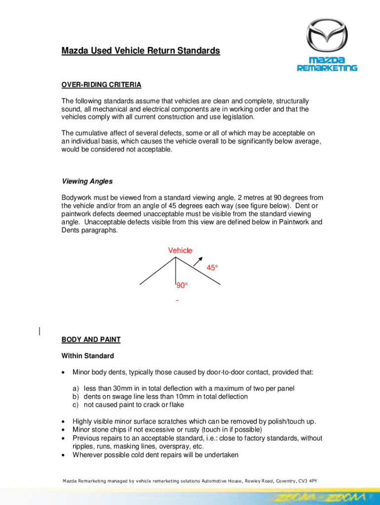 Fillable Online 2023 Mazda Used Vehicle Return Standards for Quality ...