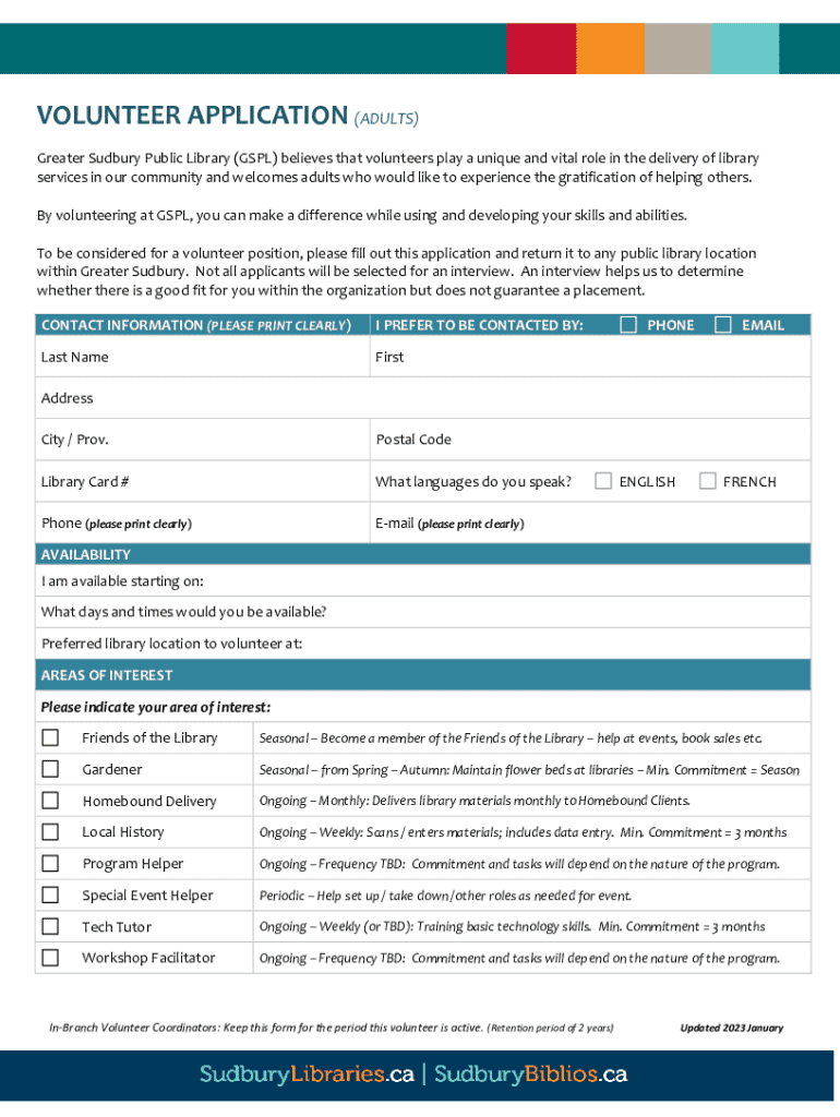 Fillable Online 2023 Volunteer Application for Adults at Greater Sudbury Public Library Fax ...