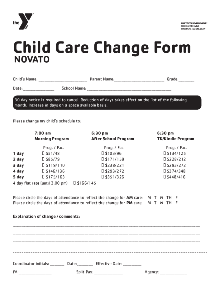 Fillable Online Child Care Change Form - Novato 2023 | Update Your ...