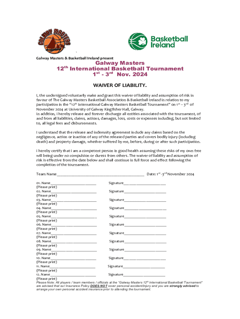 Fillable Online 12th Galway Masters International Basketball Tournament ...